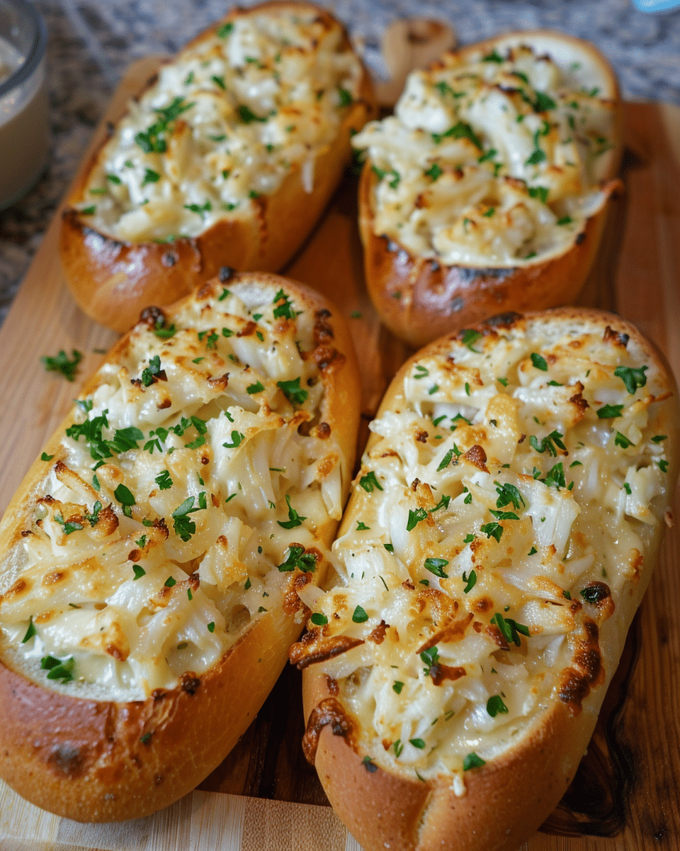 Crab Alfredo-Stuffed Garlic Bread Boats | Cooked By Lina