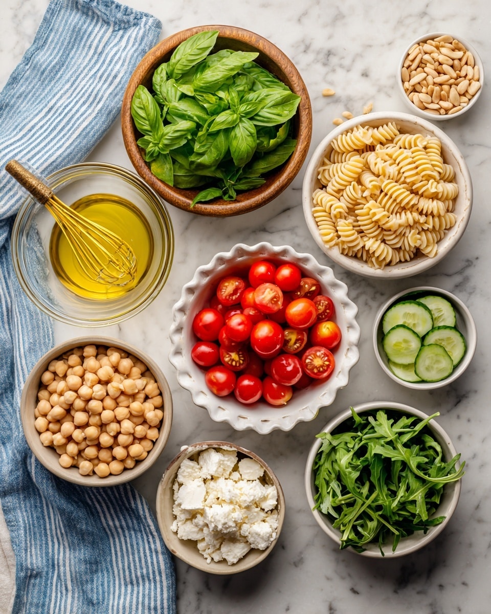 Easy Pasta Salad with Cherry Tomatoes, Chickpeas & Feta