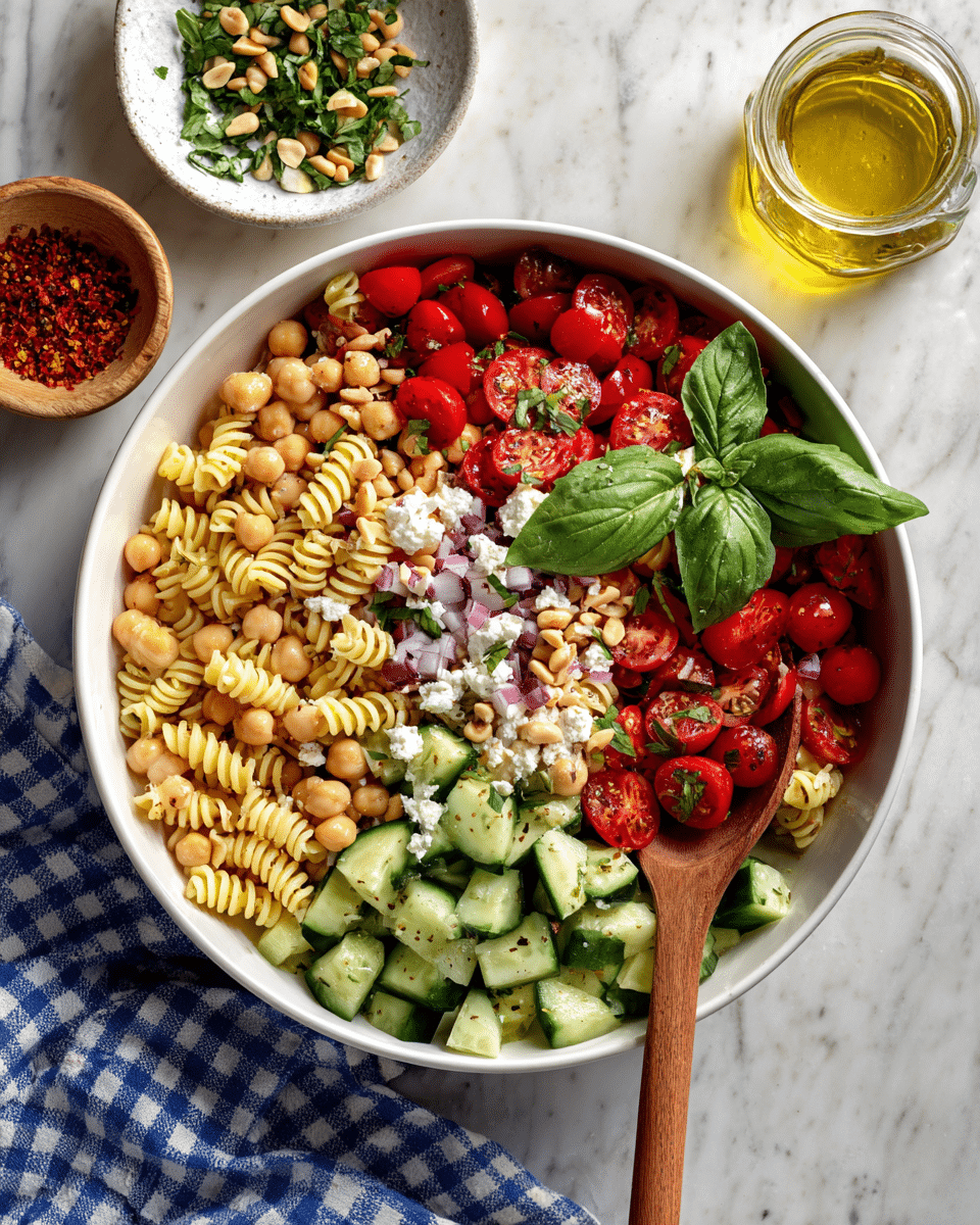 Easy Pasta Salad with Cherry Tomatoes, Chickpeas & Feta